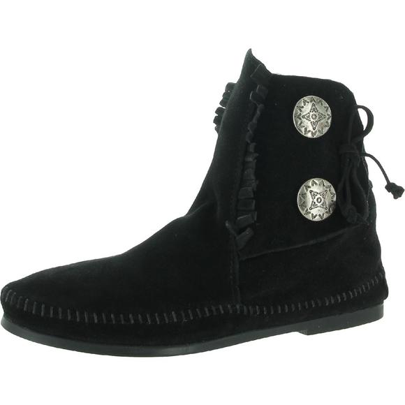 Minnetonka | Shoes | Minnetonka Womens Two Button Black Suede Moccasin ...